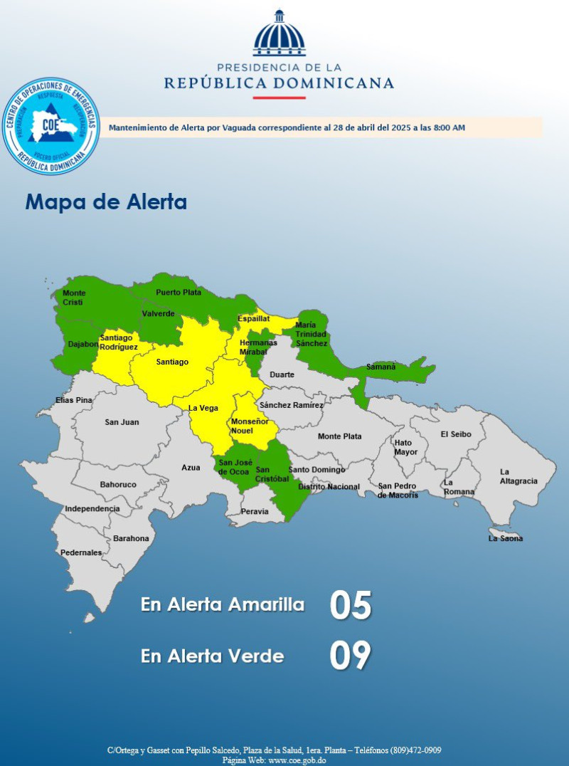 COE mantiene 14 provincias en alerta amarilla y verde por vaguada en RD
