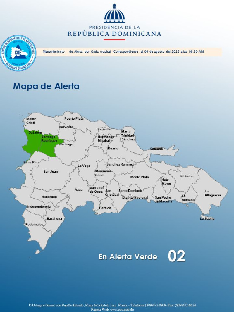 COE mantiene en alerta verde a Dajabón y a Santiago Rodríguez por efectos de vaguada