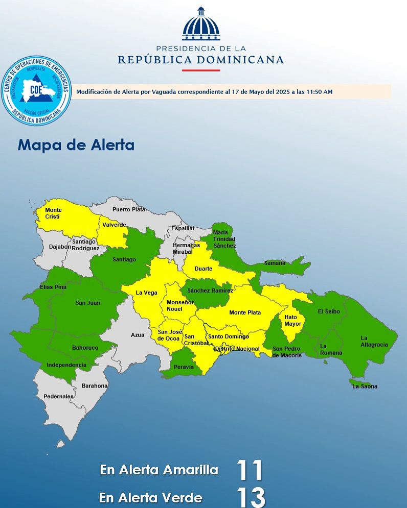 COE eleva niveles de alerta por vaguada: 11 provincias y el Distrito Nacional pasan a amarilla