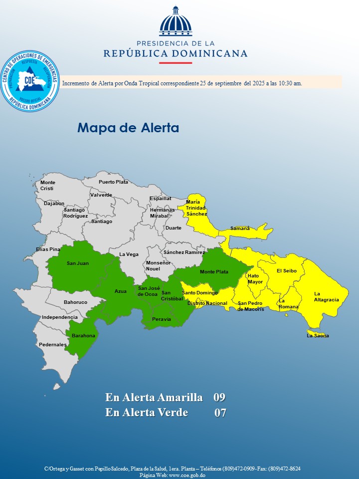 Colocan 9 provincias en alerta amarilla y 7 en verde por lluvias de onda tropical y vaguada